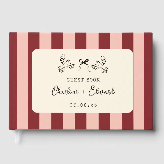 Red and Blush Pink Striped Wedding Guest Book | Zazzle