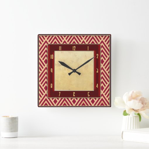 Red Art Deco Style Square Wall Clock | Zazzle