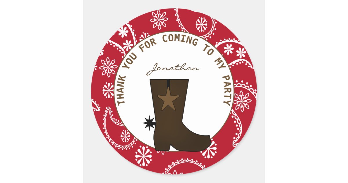 Red Bandanna Cowboy Boot Personalised Birthday Classic Round Sticker ...