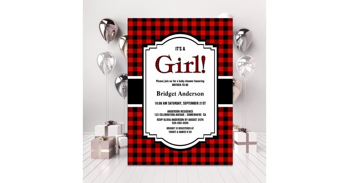 Red Black Buffalo Plaid Baby Shower Invitation | Zazzle