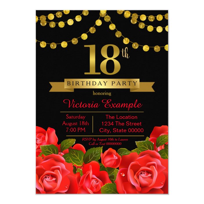 Red Black Gold Red Rose 18th Birthday Party Invitation | Zazzle.co.uk