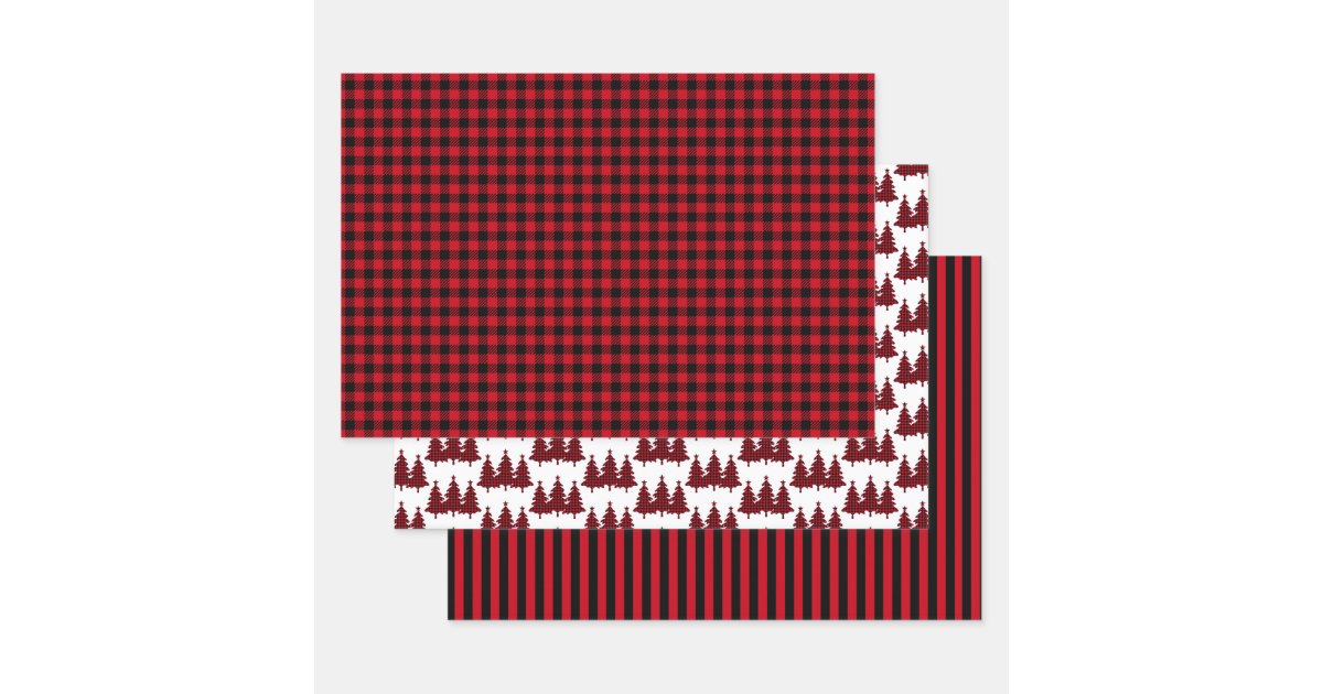 Red Buffalo Check Pine Trees Stripes Christmas Wrapping Paper Sheet ...