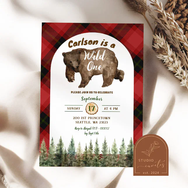 Red Flannel Wild One Lumberjack 1st Birthday Invitation | Zazzle