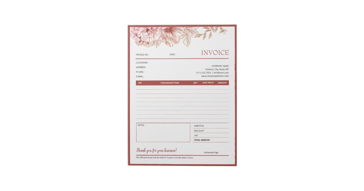 Red Floral Border Small Business Invoice Template Notepad | Zazzle