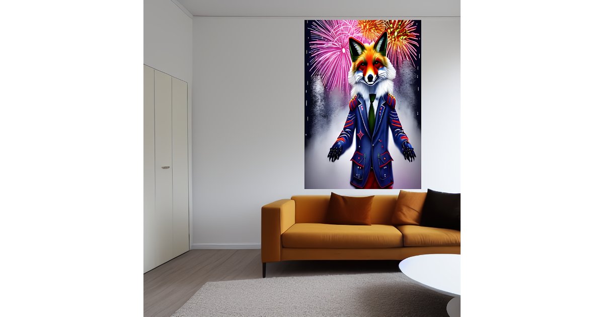 Red Fox in uniform and firework | AI Art Poster | Zazzle