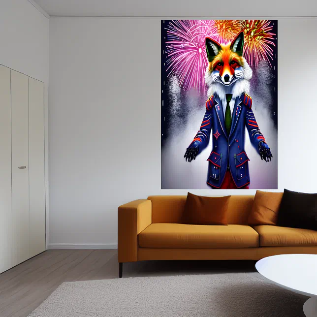 Red Fox in uniform and firework | AI Art Poster | Zazzle