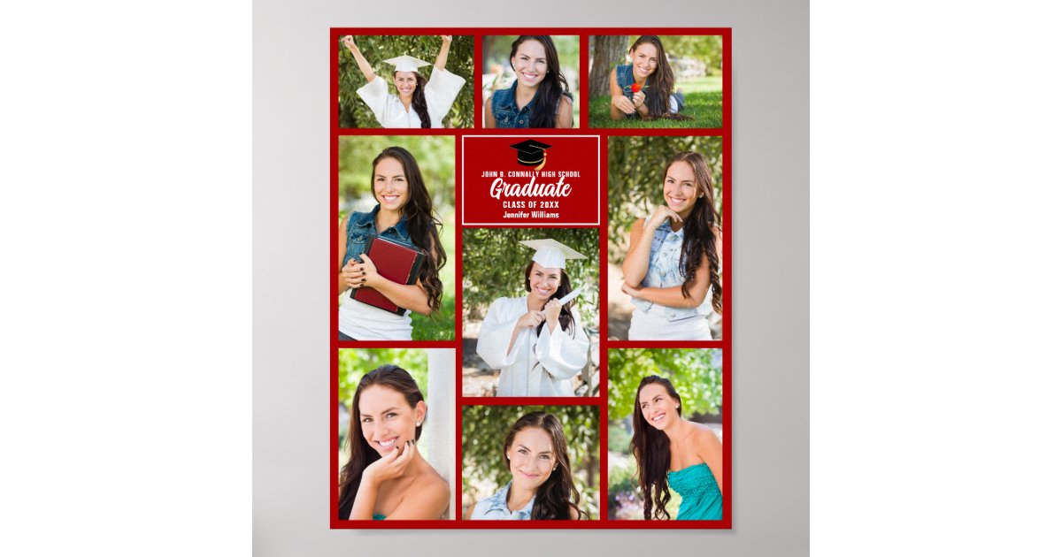 Red Graduate Photo Collage Custom Graduation Party Poster | Zazzle