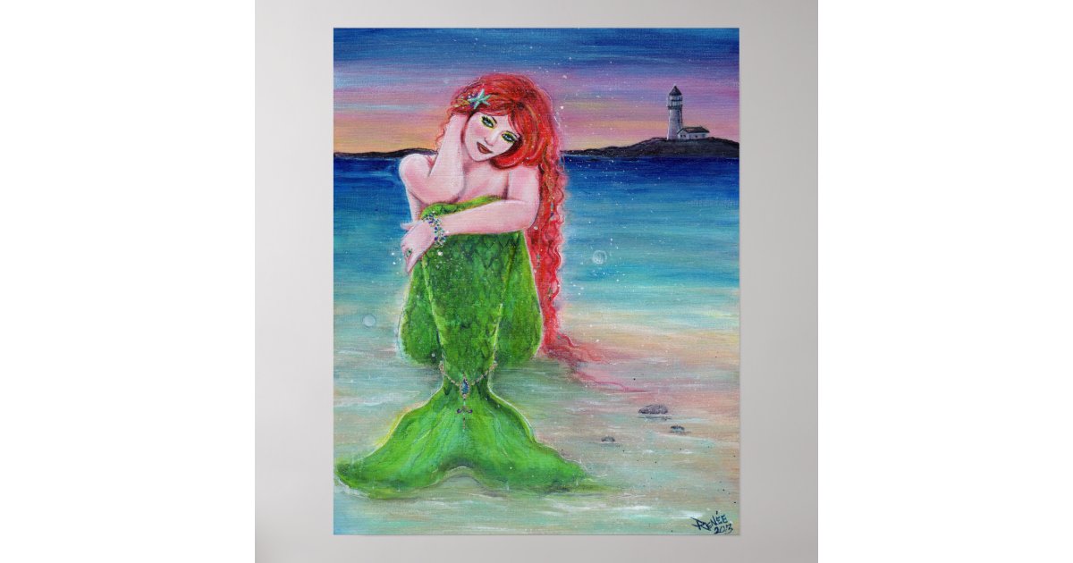 Red head mermaid on the beach with lighthouse poster | Zazzle