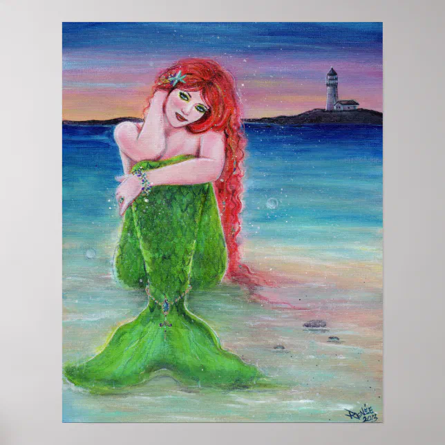Red head mermaid on the beach with lighthouse poster | Zazzle