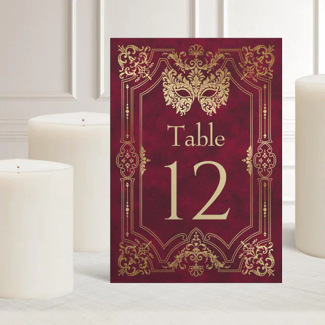 Red Masquerade Mask Elegant Quinceanera Table Number | Zazzle