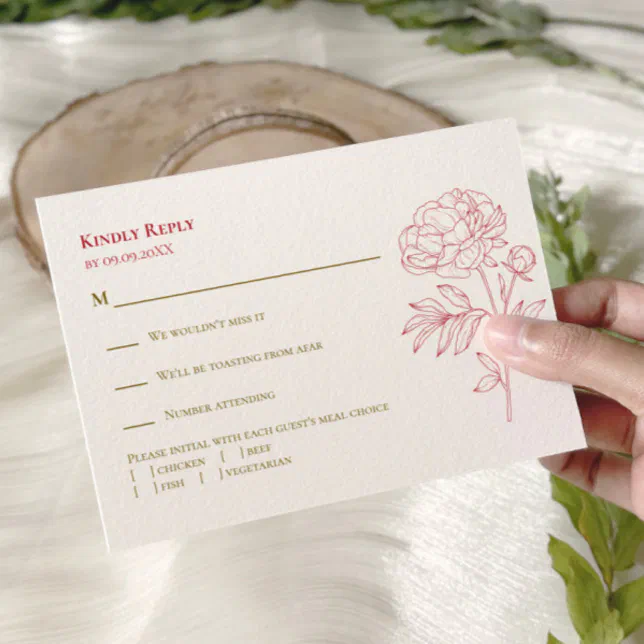 Red Peony Line Drawing Wedding Invitation, RSVP Card | Zazzle