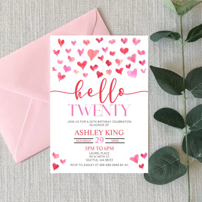 Red Pink Hearts Hello Twenty 20th Birthday Party Invitation | Zazzle