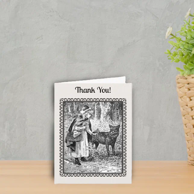 Red Riding Hood Wolf Under Trees Black White Thank You Card | Zazzle