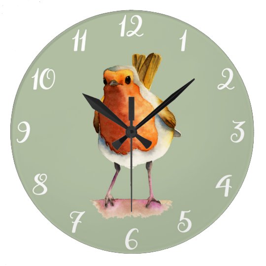 Red Robin Bird Cute Watercolor Art Large Clock | Zazzle.co.uk