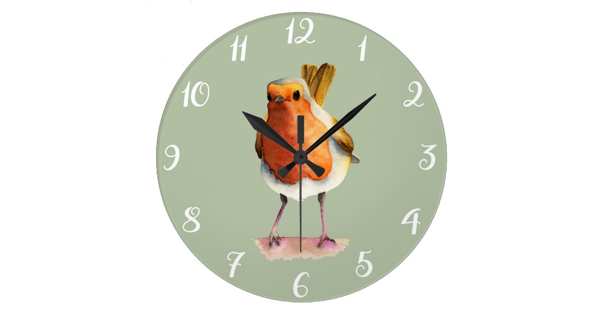 Red Robin Bird Cute Watercolor Art Large Clock | Zazzle.co.uk