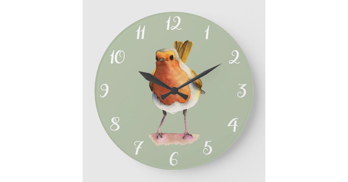 Red Robin Bird Cute Watercolor Art Large Clock | Zazzle