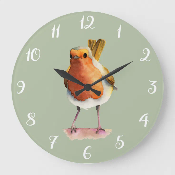 Red Robin Bird Cute Watercolor Art Large Clock | Zazzle