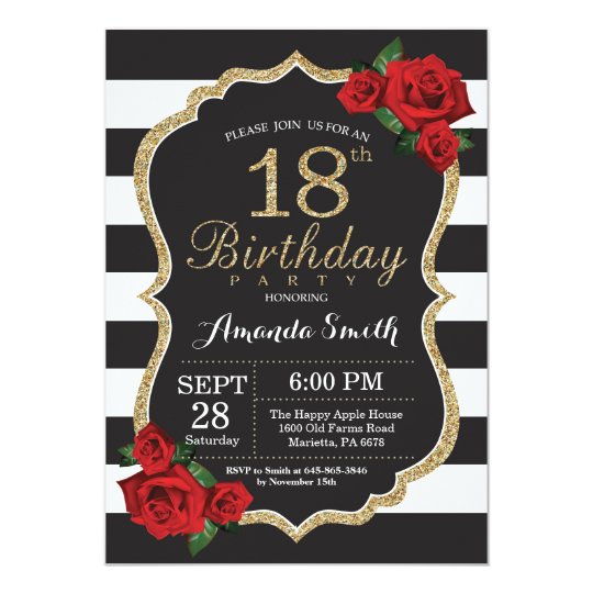 Red Rose 18th Birthday Invitation Gold Glitter | Zazzle.co.uk