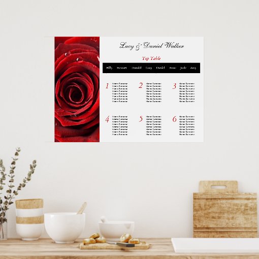 Red Rose Wedding Seating Table Plan Poster | Zazzle