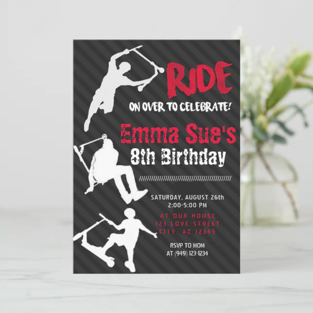 Red Scooter Skate Park Party Birthday Invitation | Zazzle