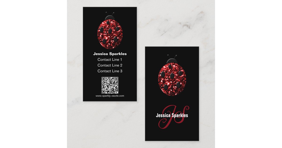 Red sparkles Ladybug QR code Monogram black Custom Business Card | Zazzle