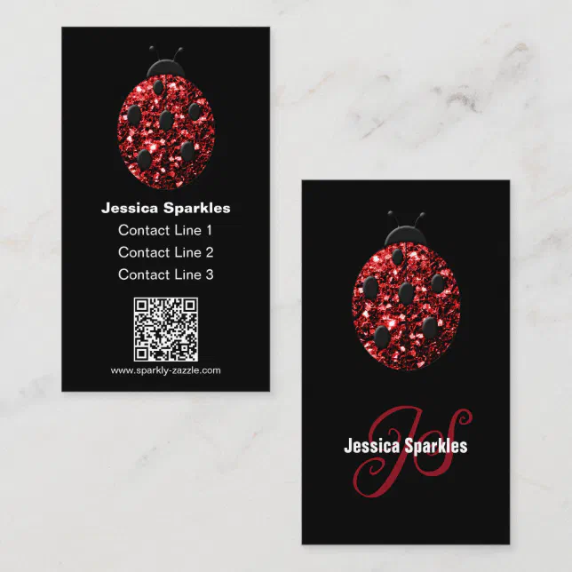 Red sparkles Ladybug QR code Monogram black Custom Business Card | Zazzle