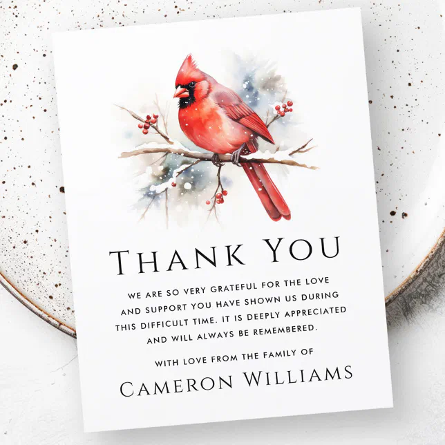 Red watercolor cardinal funeral sympathy thank you card | Zazzle