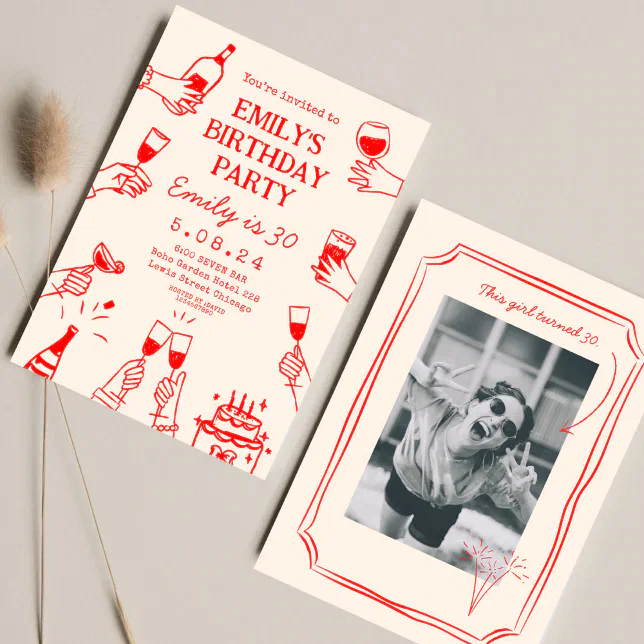 Red Whimsical Funky Quirky Drawing 30 th Birthday Invitation | Zazzle