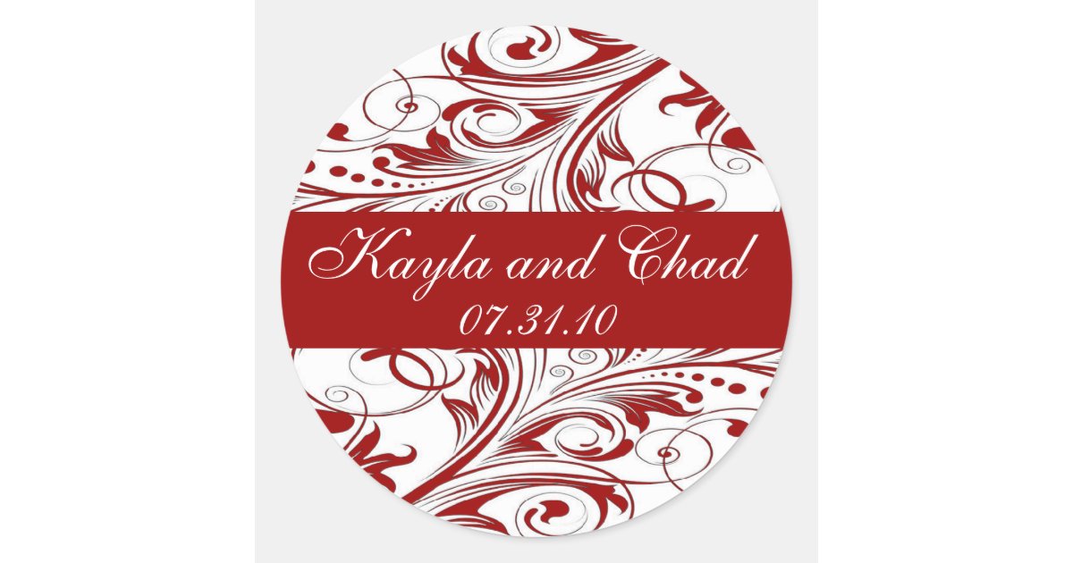 Red White Ornate Flourish Wedding Classic Round Sticker | Zazzle