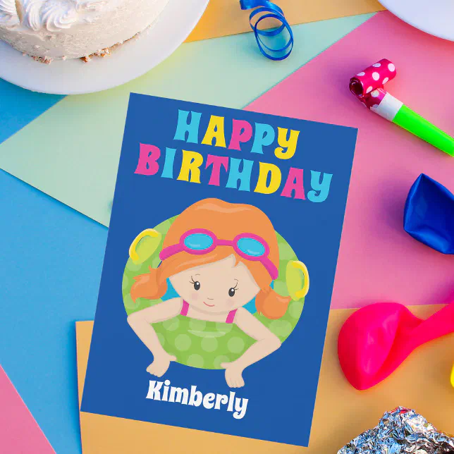 Redhead Swim Girl Custom Pool Party Happy Birthday Card | Zazzle
