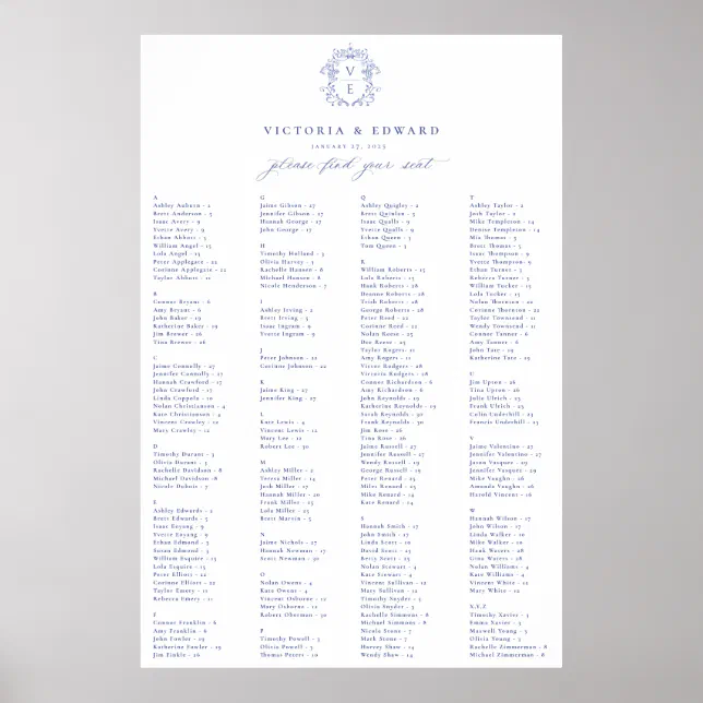 Regency Blue Crest Alphabetical Seating Plan Poster | Zazzle