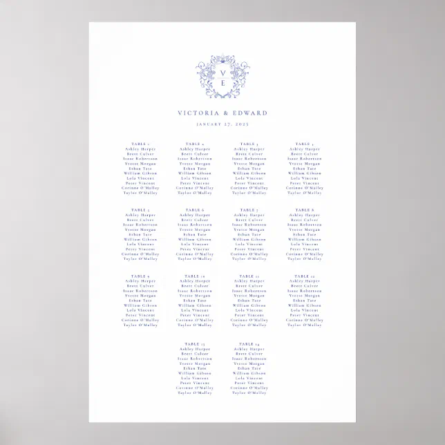 Regency Blue Crest Monogram Wedding Seating Chart | Zazzle