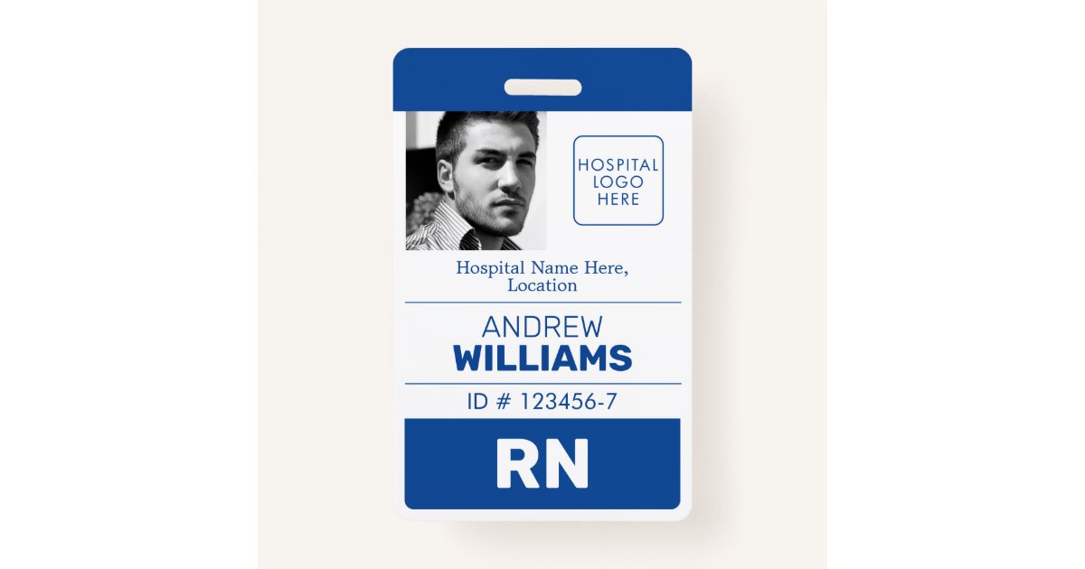 Registered Nurse ID Number Blue White Logo Photo ID Badge | Zazzle