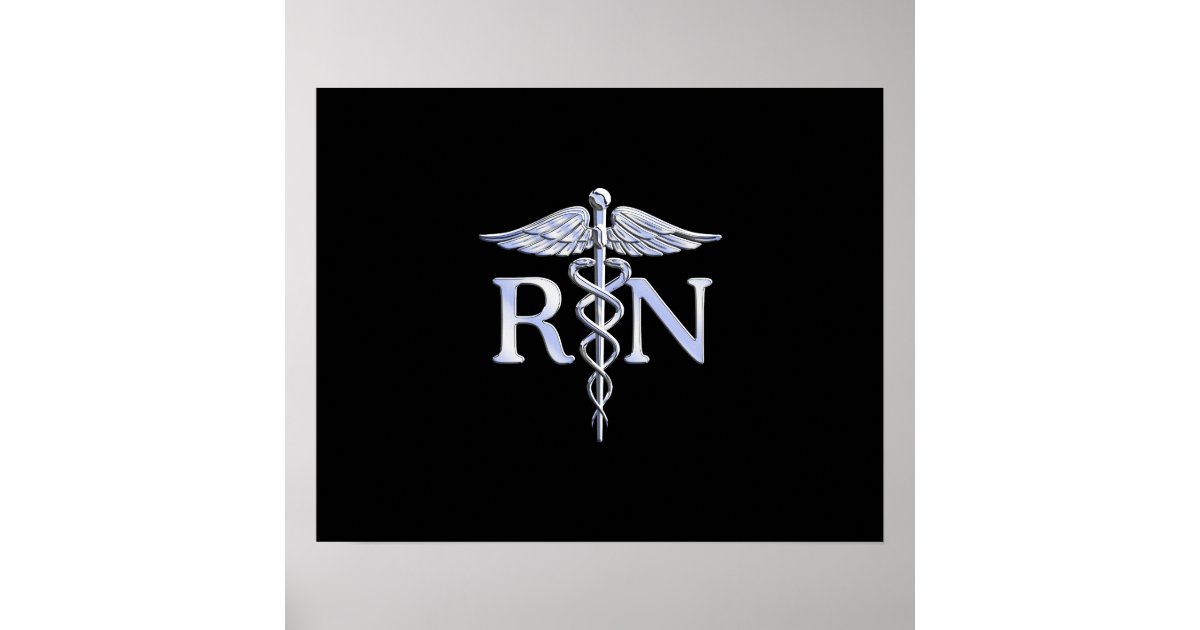 Registered Nurse RN Silver Caduceus on Black Poster | Zazzle