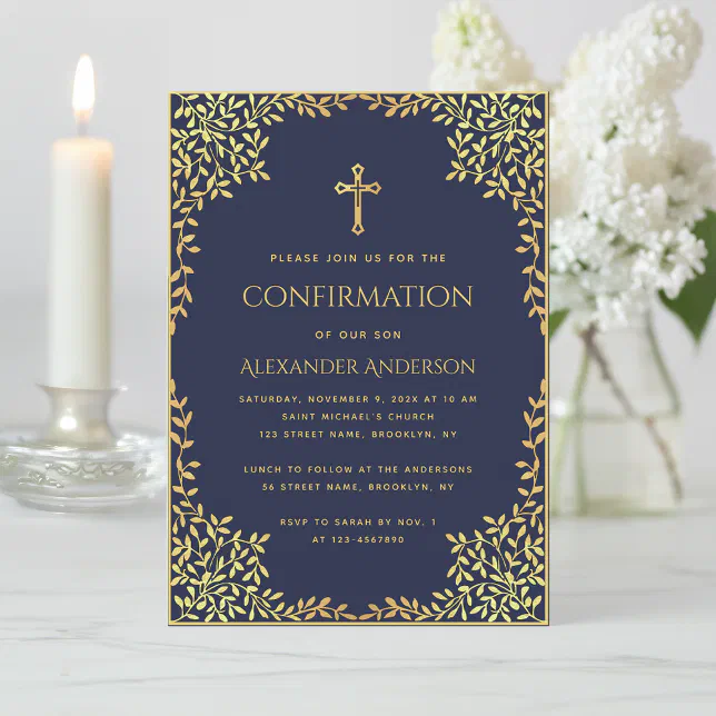 Religious Confirmation Navy Blue Gold Leaves Boy Invitation | Zazzle