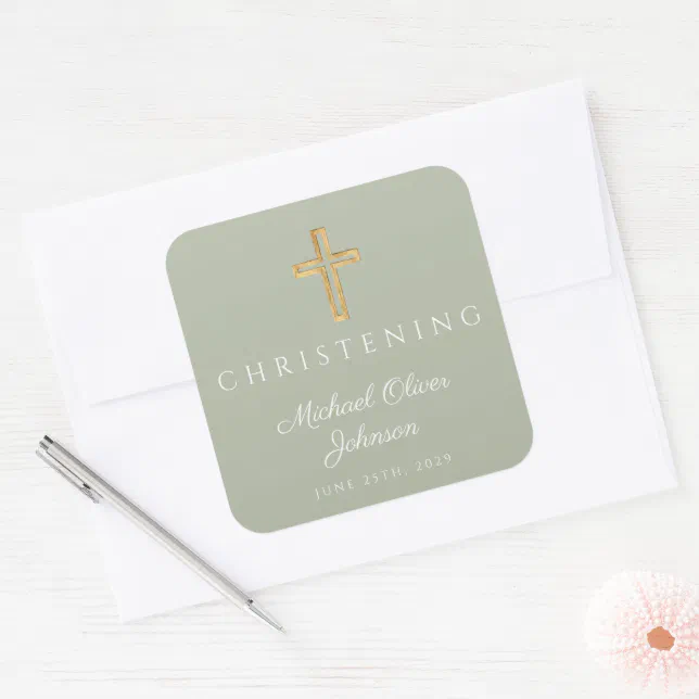 Religious Sage Green Wood Cross Christening Square Sticker | Zazzle