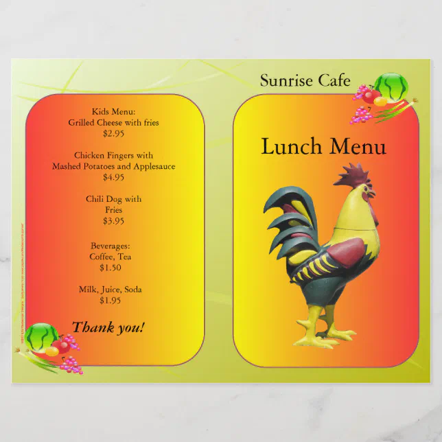 Restaurant Supplies Lunch Menu Sunrise Rooster | Zazzle
