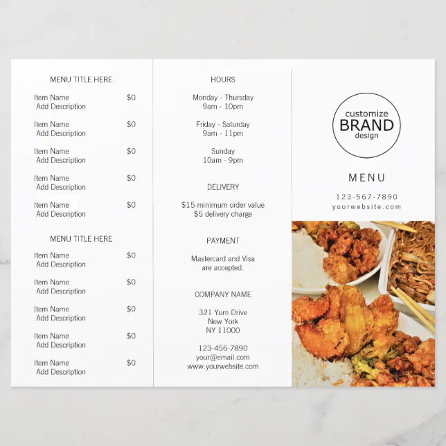 Restaurant Takeout Modern Logo Photo Tri-fold Menu | Zazzle