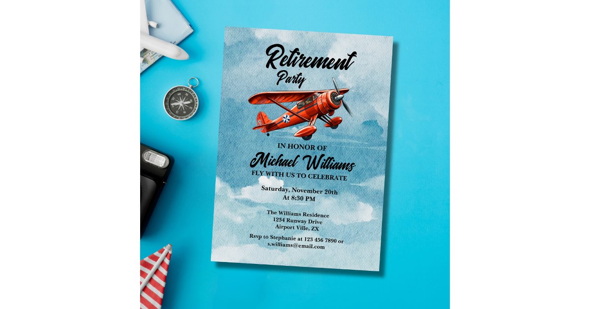 Retirement Travel Themed Party Red Plane Vintage Invitation | Zazzle