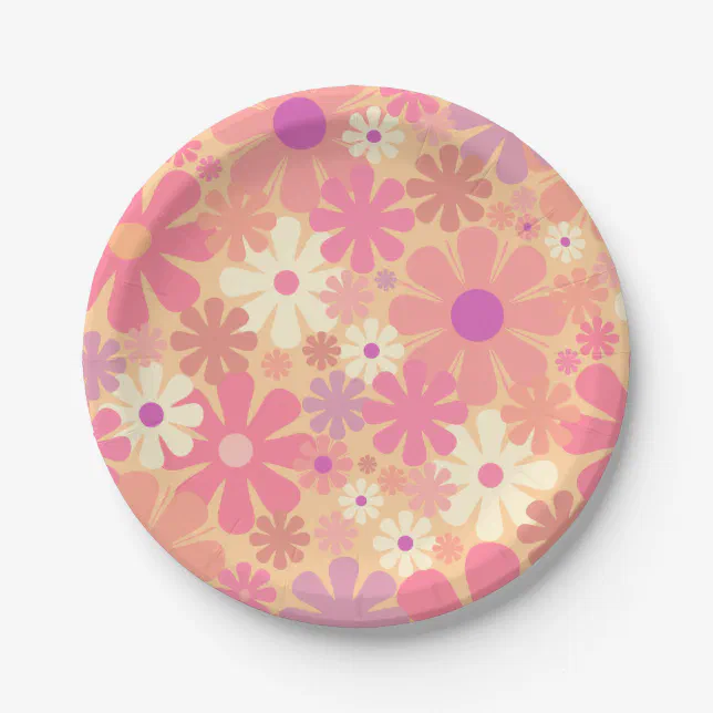 Retro 60s 70s Aesthetic Floral Pattern Paper Plate | Zazzle