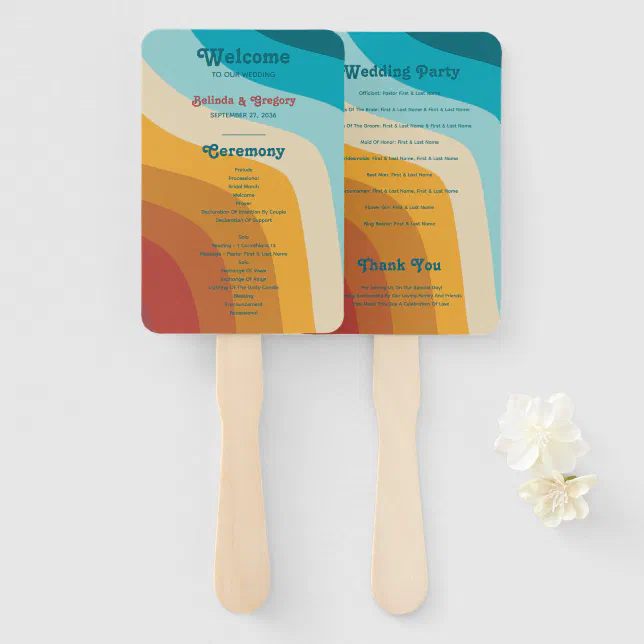 Retro 70's Colourful Rainbow Waves Wedding Program Hand Fan | Zazzle