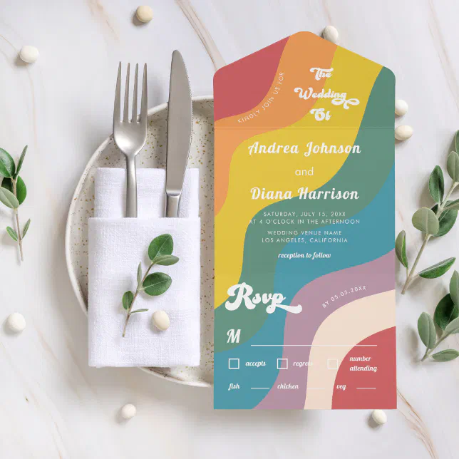 Retro 70s Rainbow Waves LGBTQ Gay Pride Wedding All In One Invitation ...