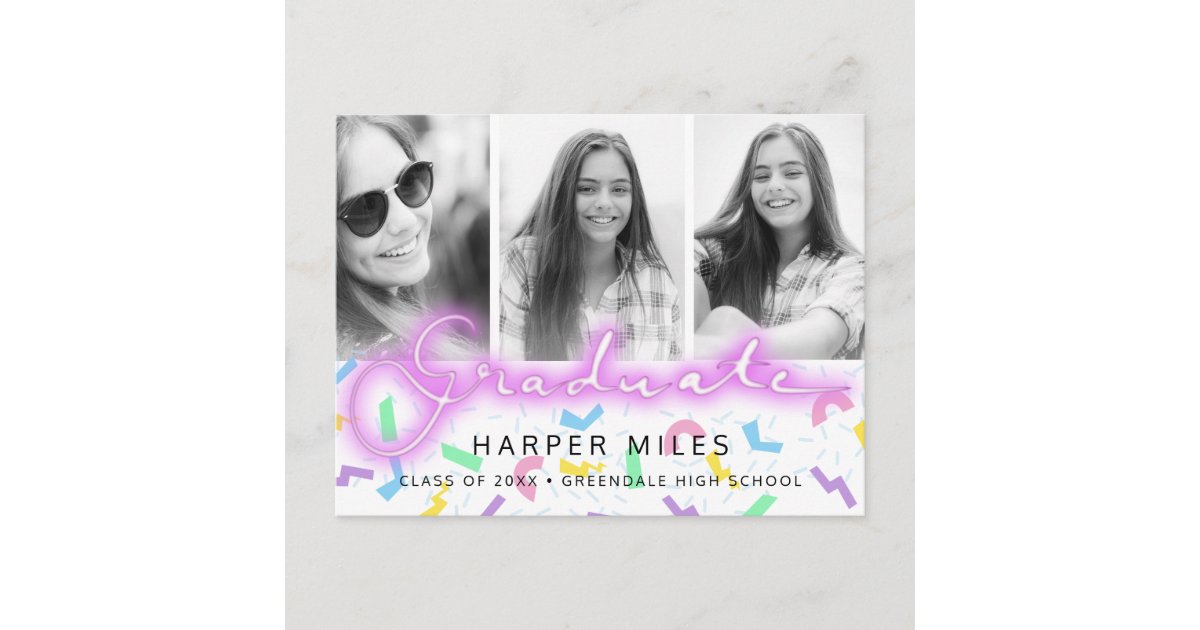 Retro 80s neon pastel graduation 3 photo postcard | Zazzle
