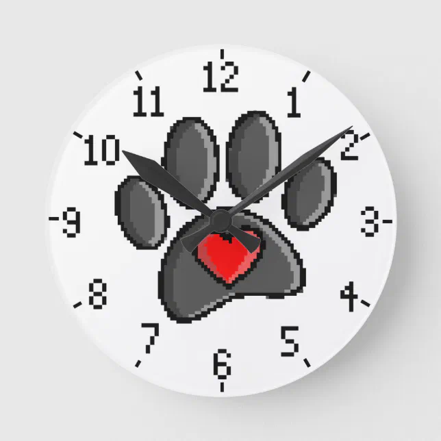 Retro 80s Video Game 8 Bit Pixel Art Dog Paw Print Round Clock | Zazzle
