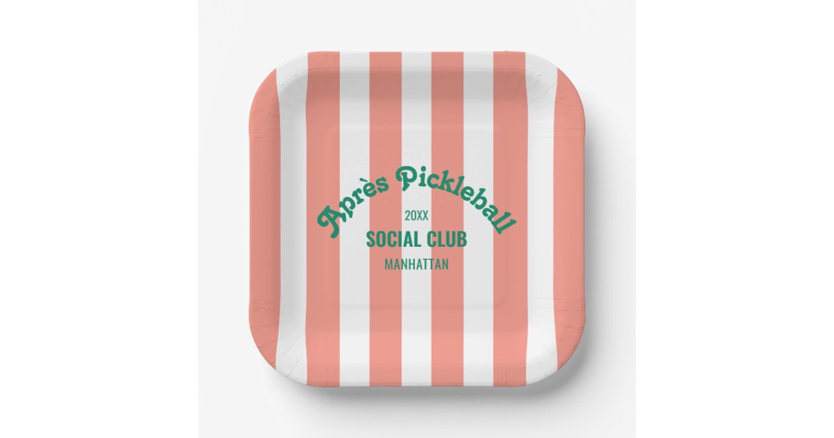 Retro Après Pickleball Social Club Pink Stripe Paper Plate | Zazzle