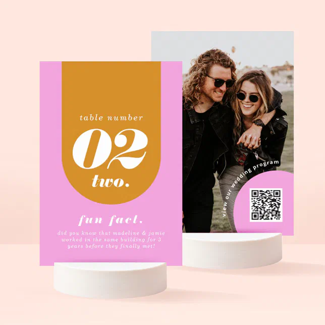 Retro Arch Pink & Yellow Couple's Fun Fact & Photo Table Number | Zazzle