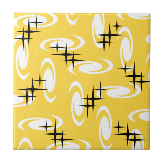 Retro Atomic Age Swirls Stars Pattern Yellow Tile | Zazzle