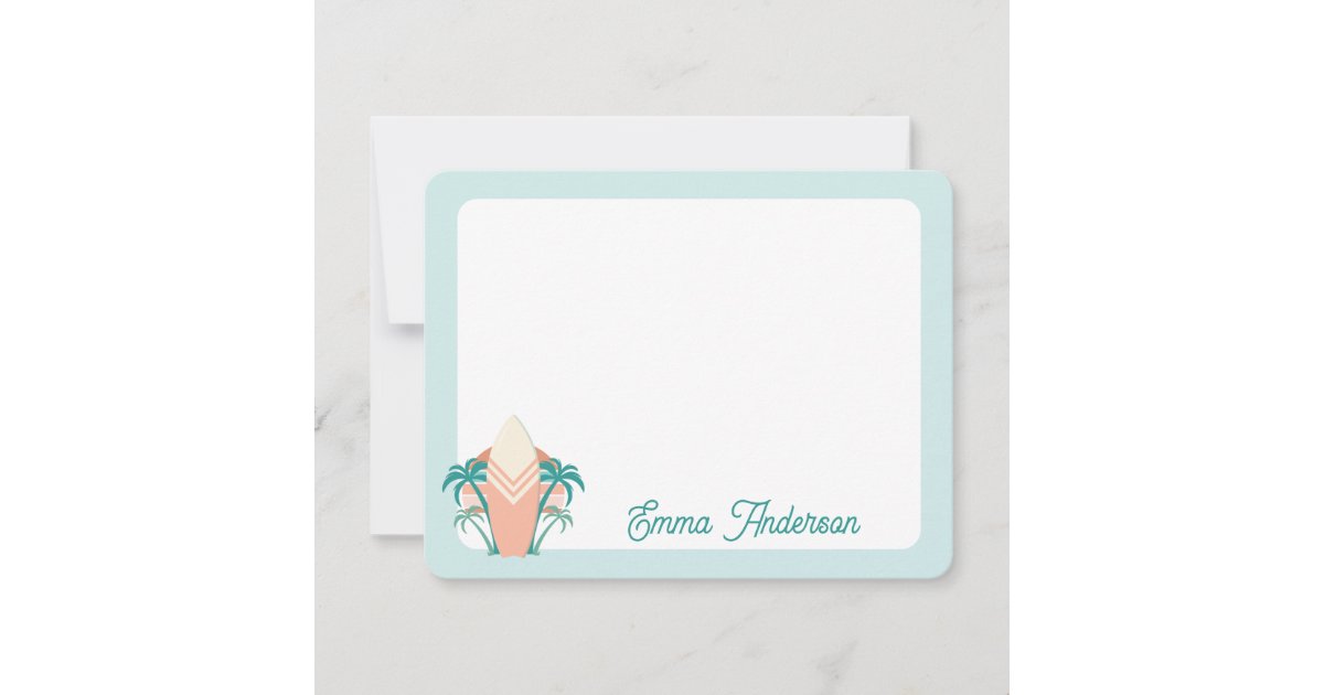 Retro Beach Surfboard Palm Tree Tropical Note Card | Zazzle