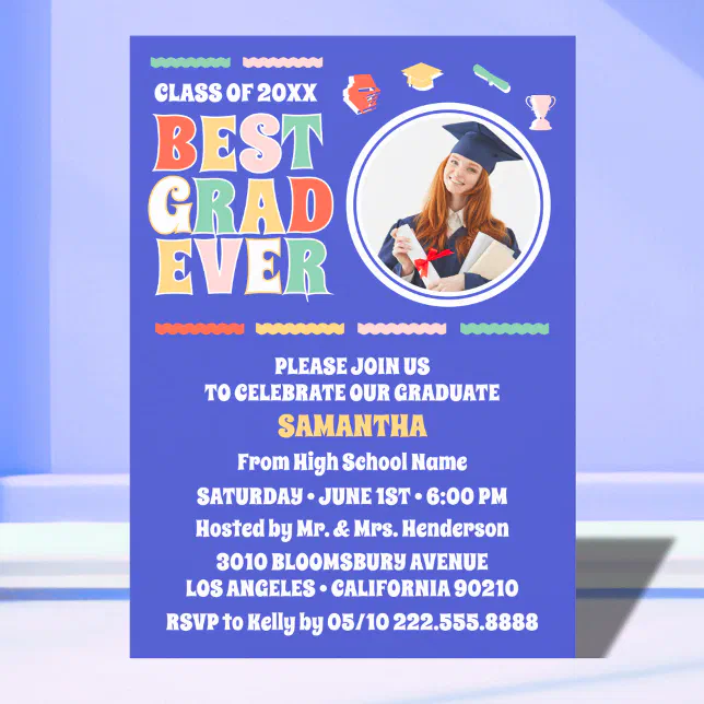 Retro Best Grad Ever Photo Blue Graduation Party Invitation | Zazzle