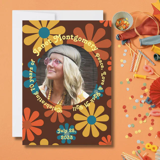 Retro Boomer Flower Power Photo Birthday Invitation | Zazzle